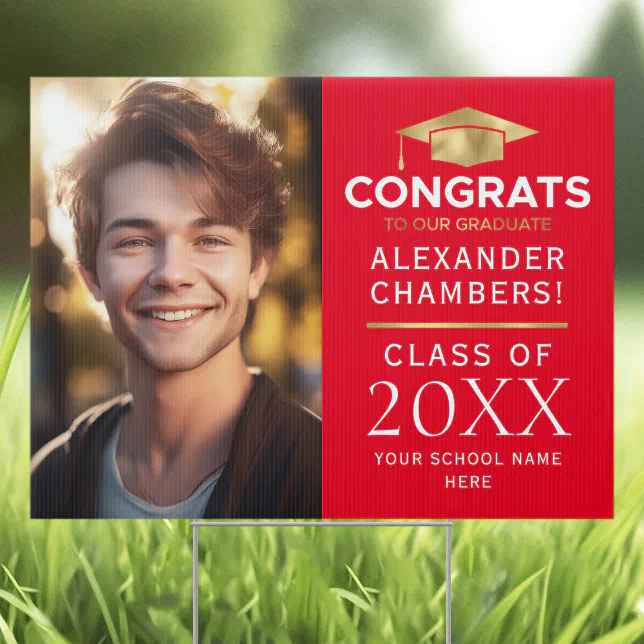 Graduation Photo Congrats Red Gold Yard Sign | Zazzle
