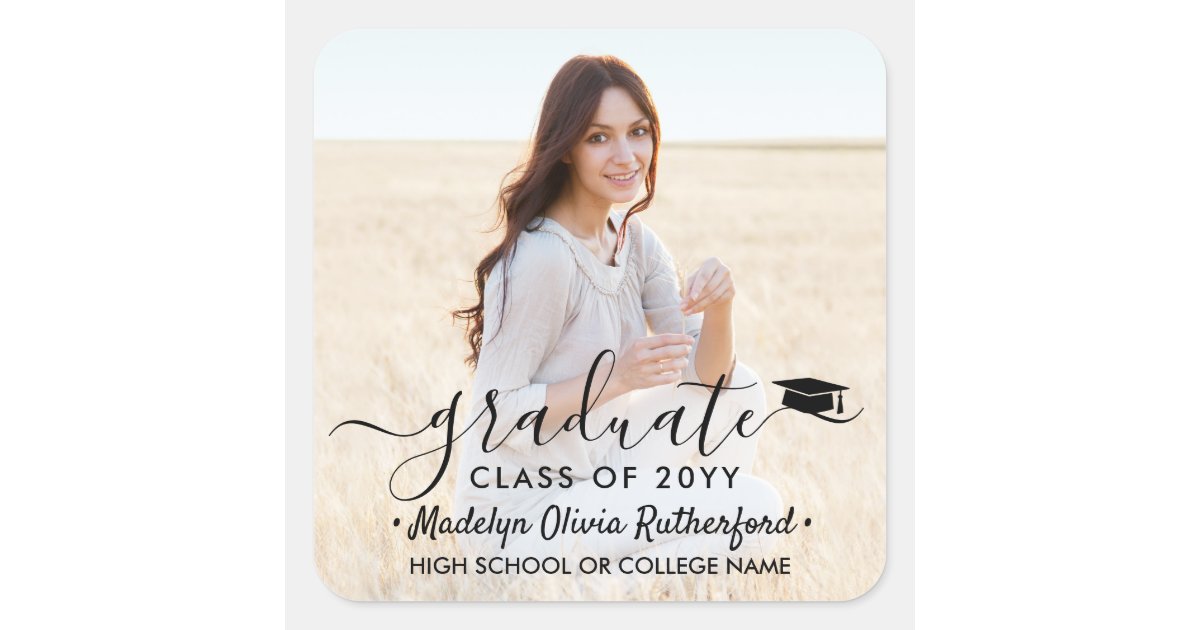 Graduation Photo & Elegant Black Script Class Year Square Sticker ...