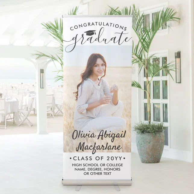 Graduation Photo & Elegant Black Script Vertical Retractable Banner ...