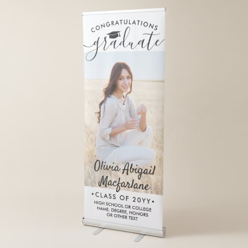Graduation Photo & Elegant Black Script Vertical Retractable Banner ...