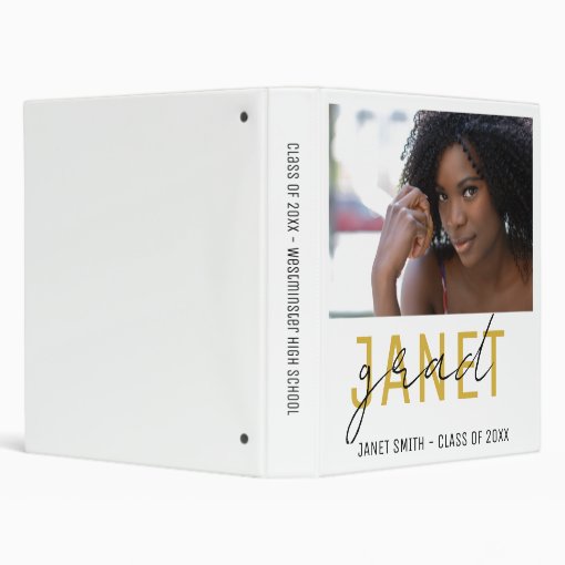 Graduation Photo Elegant Gold Script Custom 3 Ring Binder | Zazzle