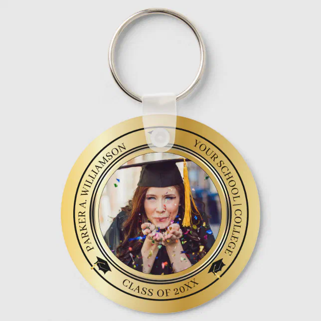 Graduation Photo Gold Tone Grad Cap Class Year Keychain | Zazzle
