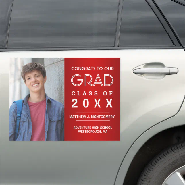 Graduation Photo Modern White Script on Red Car Magnet | Zazzle