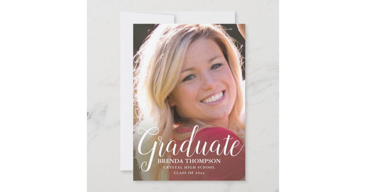 Graduation Photo Modern White Script Typography Announcement | Zazzle