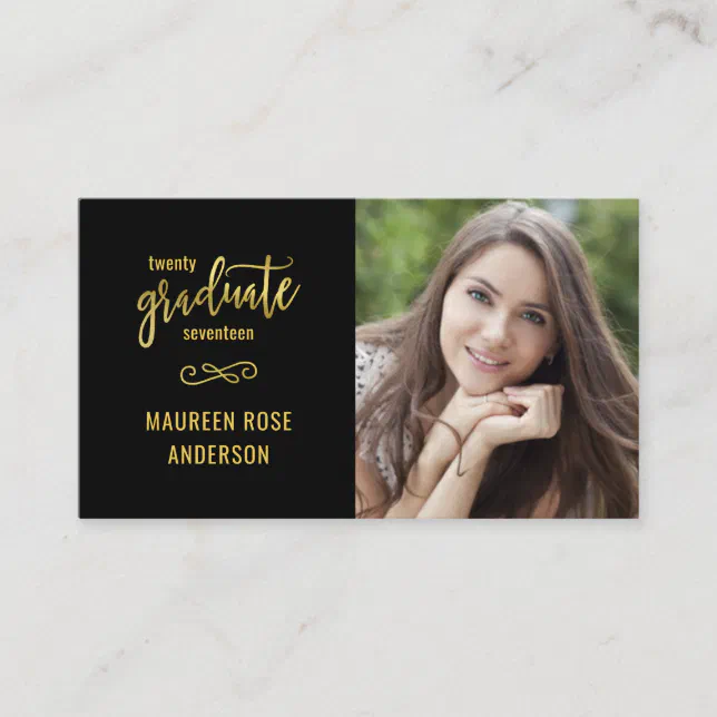 Graduation Photo Name Cards Faux Gold Foil Script | Zazzle