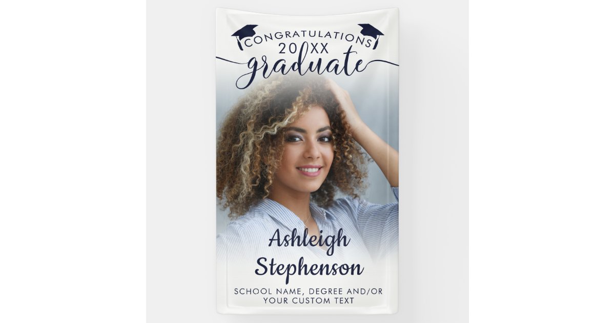 Graduation Photo Navy Blue Congrats Grad Script Banner | Zazzle
