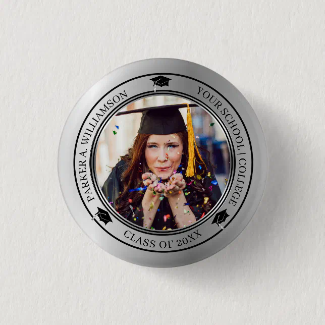 Graduation Photo Silver Tone Grad Cap Class Year Button | Zazzle