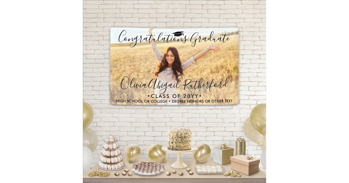 Graduation Photo & Simple Black Script Class Year Banner | Zazzle