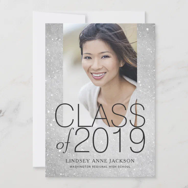 Graduation Photo Sparkling Silver Stacked Text Announcement | Zazzle