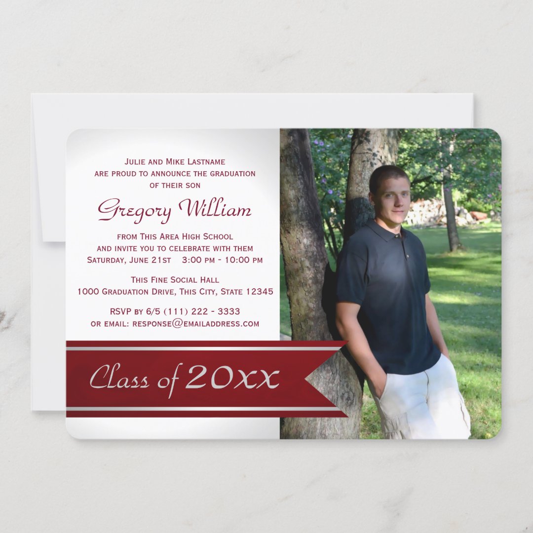 Graduation Photo Varsity Ribbon Red Invitation | Zazzle