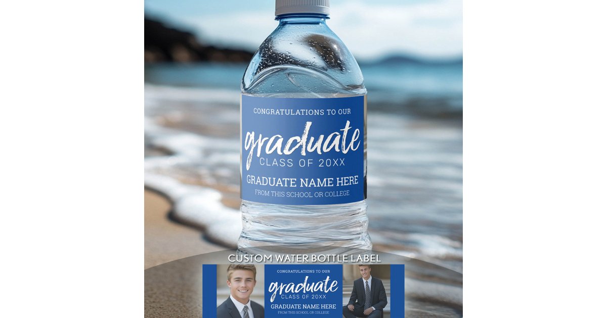 Graduation Photos Graduate with Royal Blue Virtual Water Bottle Label ...