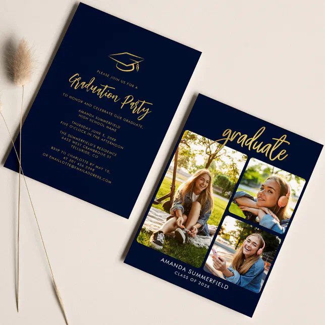Graduation Photos Navy Blue Modern Grad Party Invitation | Zazzle