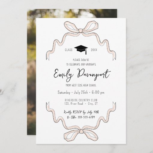 Graduation pink bow photo on back invitation | Zazzle