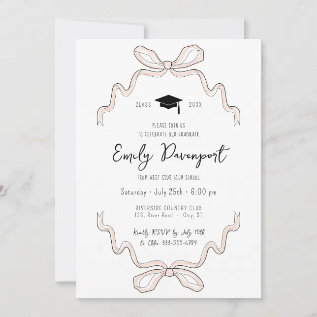 Graduation pink bow photo on back invitation | Zazzle