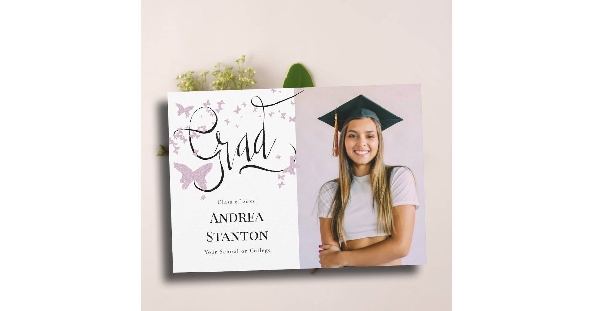 Graduation Pink Butterflies Grad Calligraphy Chic Announcement | Zazzle