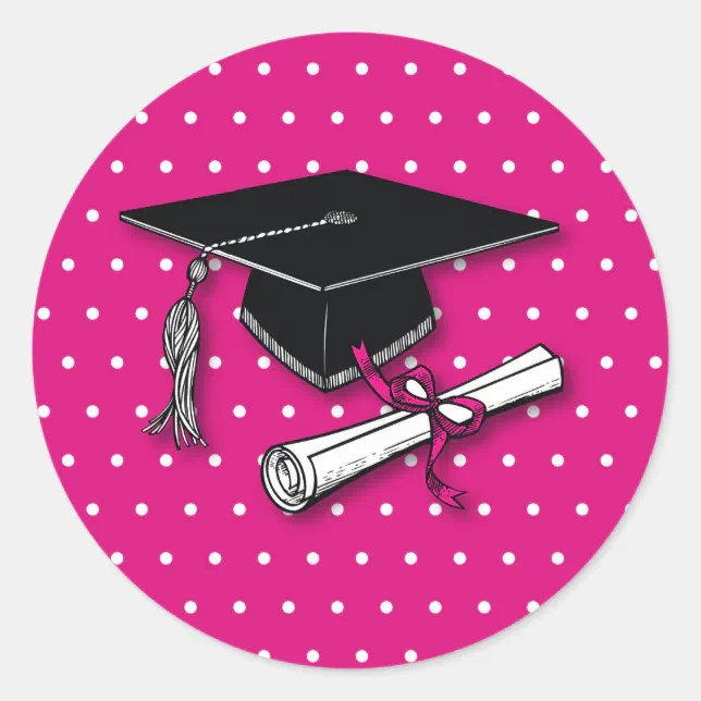 Graduation Pink Polka Dots Hat, Diploma Classic Round Sticker | Zazzle