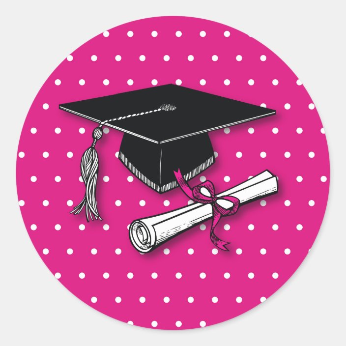 Graduation Pink Polka Dots Hat, Diploma Classic Round Sticker | Zazzle.com