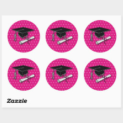 Graduation Pink Polka Dots Hat, Diploma Classic Round Sticker | Zazzle