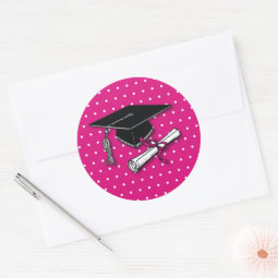 Graduation Pink Polka Dots Hat, Diploma Classic Round Sticker | Zazzle