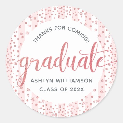 Graduation Pink Rose Gold Glitter Confetti Script Classic Round Sticker ...