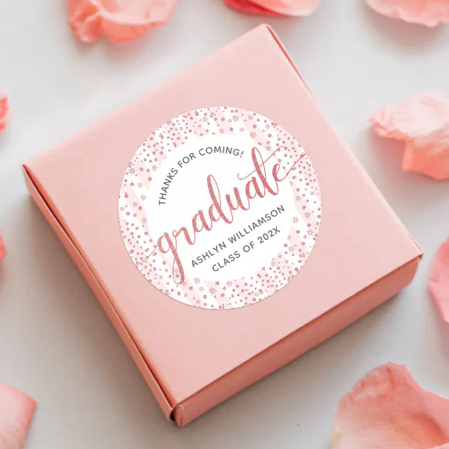 Graduation Pink Rose Gold Glitter Confetti Script Classic Round Sticker ...
