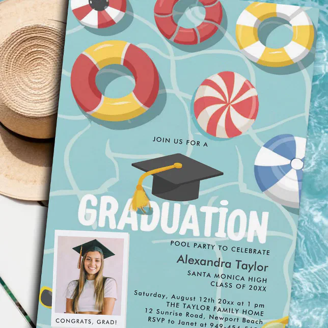 Graduation Pool Party High School College Photo Invitation | Zazzle