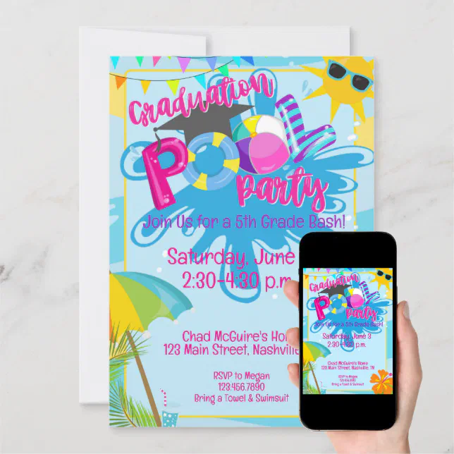 Graduation Pool Party, Kindergarten, High School Invitation | Zazzle
