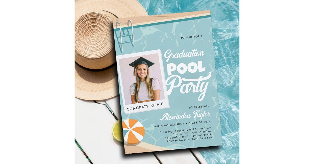 Graduation Pool Party Modern Summer Elegant Photo Invitation | Zazzle
