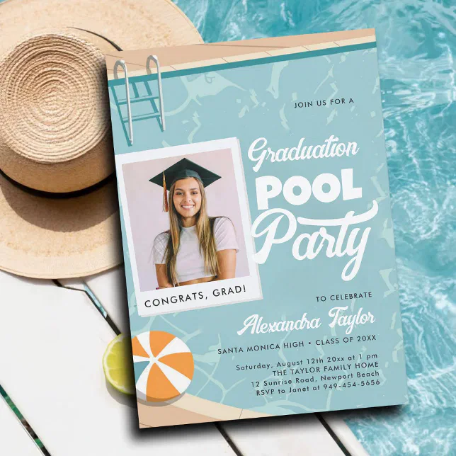 Graduation Pool Party Modern Summer Elegant Photo Invitation | Zazzle