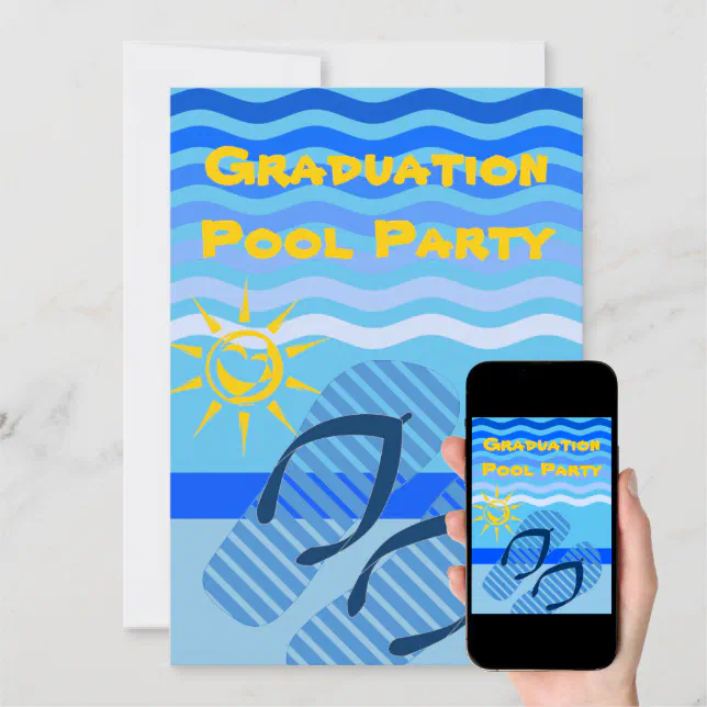 Graduation Pool Party Summer Blue Flip Flops Invitation | Zazzle