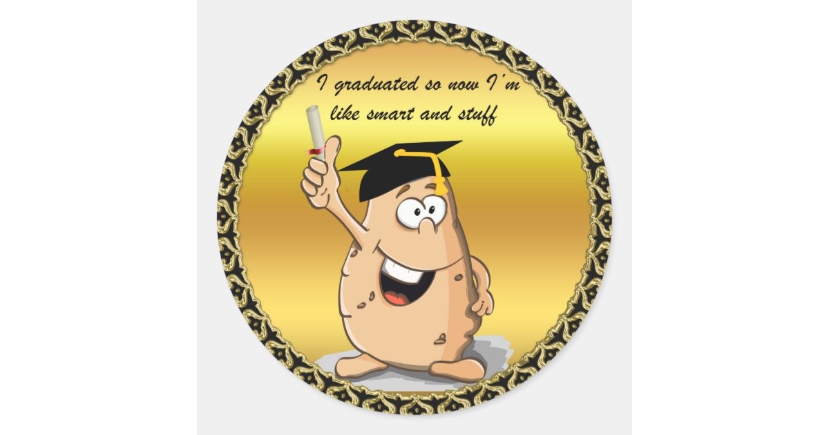 Graduation potato character with a degree classic round sticker | Zazzle