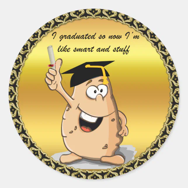 Graduation potato character with a degree classic round sticker | Zazzle