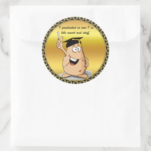 Graduation potato character with a degree classic round sticker | Zazzle
