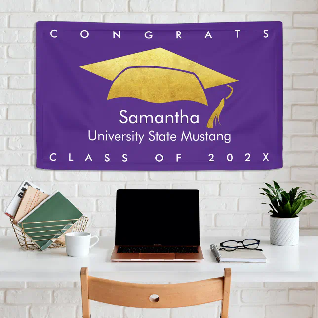Graduation Purple Bold Modern Simple Gold Cap Banner | Zazzle
