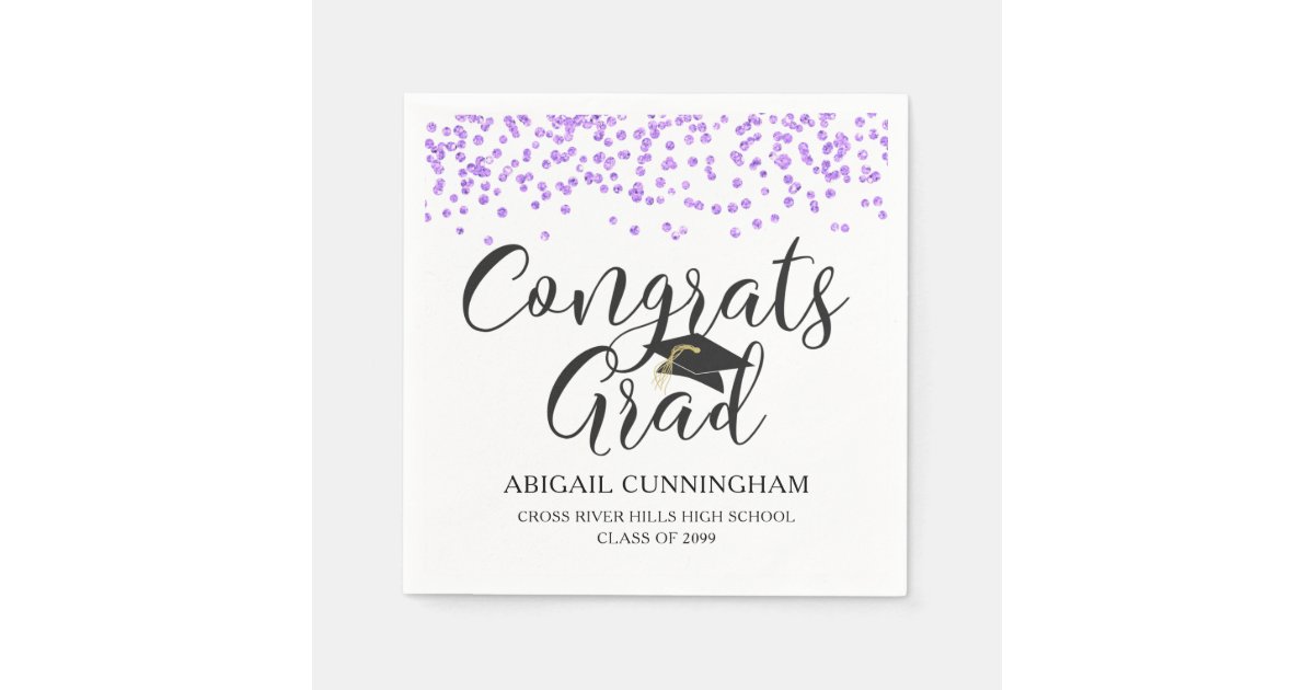 Graduation Purple Confetti CONGRATS GRAD Name Napkins | Zazzle
