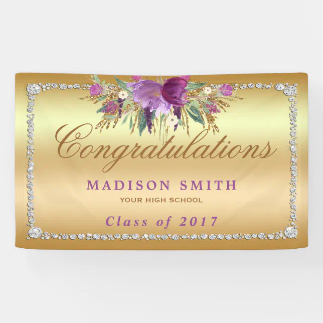Graduation Purple Glitter Flowers Diamonds Gold Banner | Zazzle