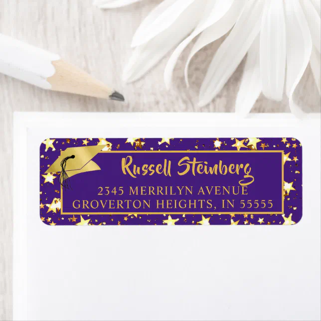 Graduation Purple Gold Stars Brush Script Label | Zazzle