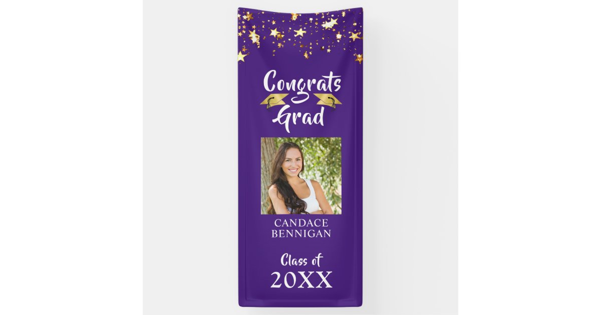 Graduation Purple Gold Stars Brush Script Photo Banner | Zazzle