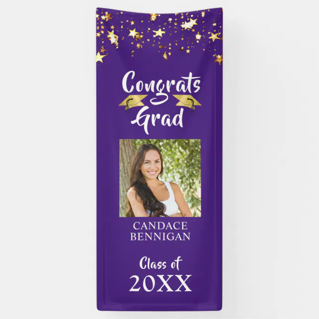 Graduation Purple Gold Stars Brush Script Photo Banner | Zazzle