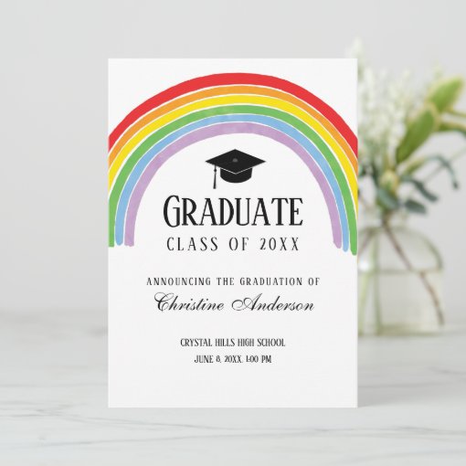 Graduation Rainbow with Black Grad Cap Announcement | Zazzle