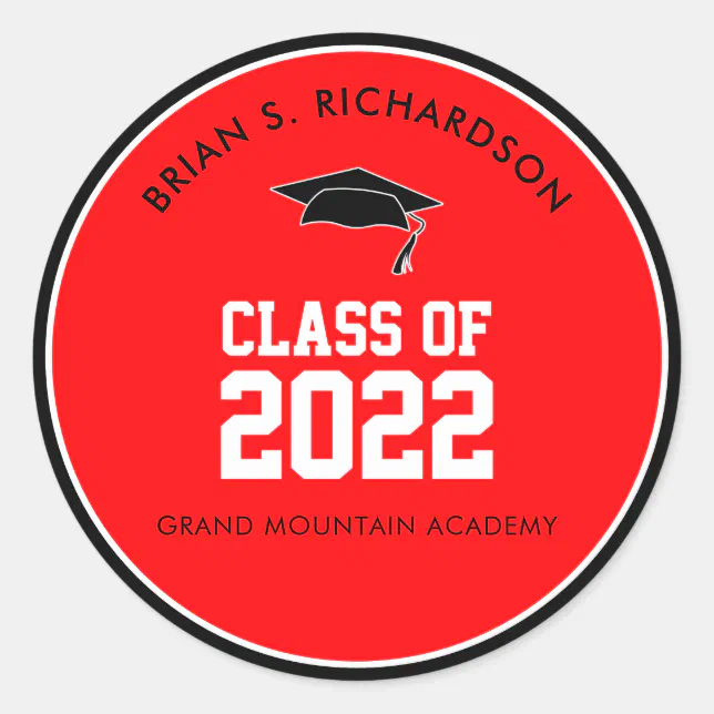 Graduation Red and Black Custom Classic Round Sticker | Zazzle