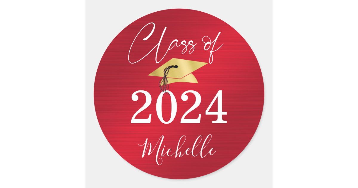 Graduation Red Gold Cap Script Year Faux Metallic Classic Round Sticker ...