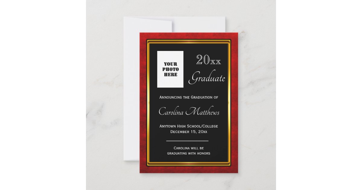 Graduation Red Gold Frame Black Graduation Announcement | Zazzle