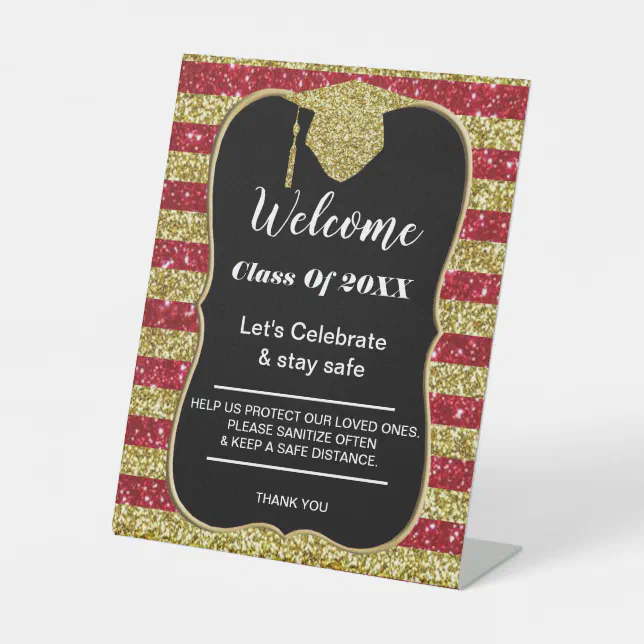Graduation Red Gold Stripes Party safety Pedestal Sign | Zazzle