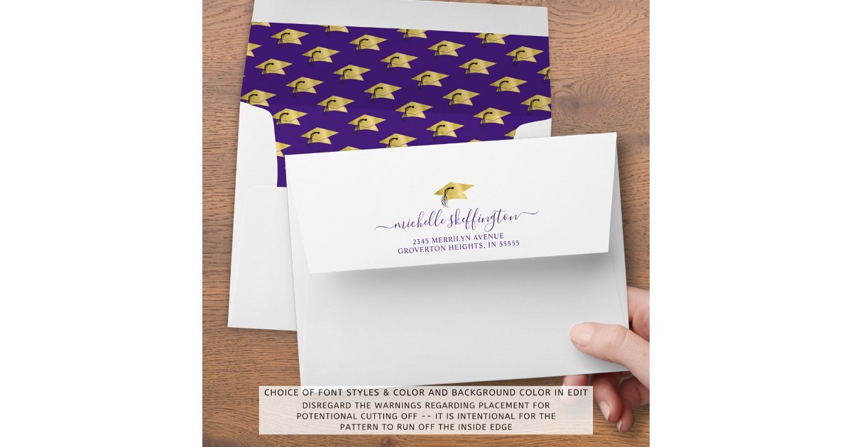 Graduation Return Address Purple Gold Cap Script Envelope | Zazzle