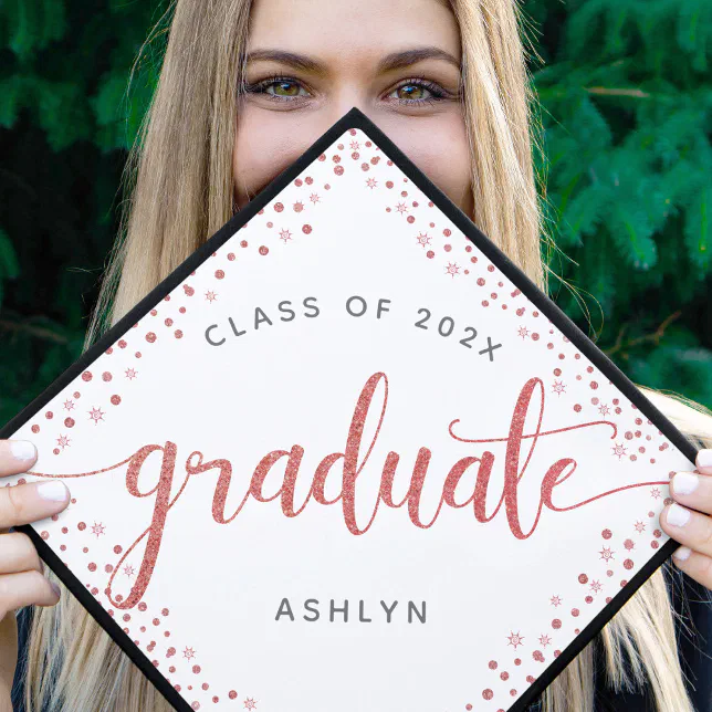 Graduation rose gold glitter dots & script custom graduation cap topper ...