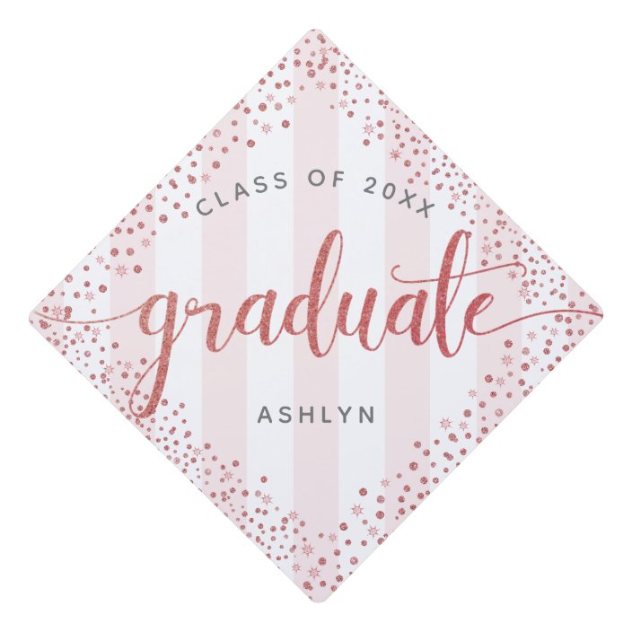 Graduation rose gold glitter dots & stripes custom graduation cap ...