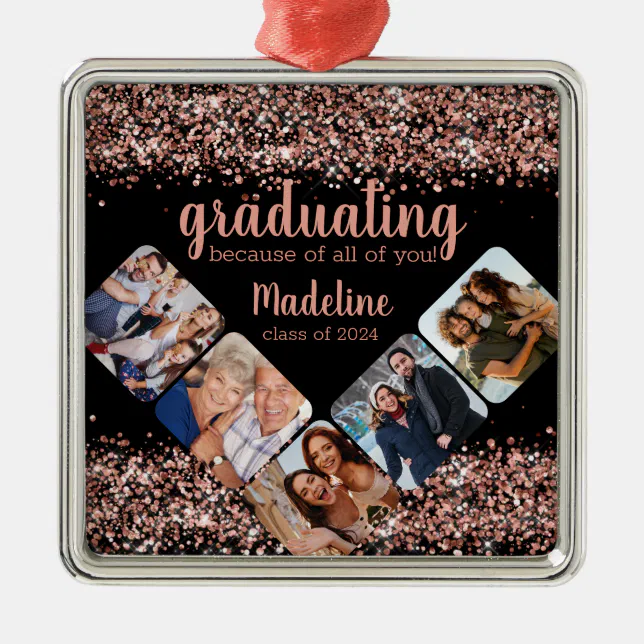 Graduation Rose Gold Glitter Five Photo Metal Ornament | Zazzle