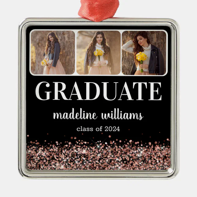 Graduation Rose Gold Glitter Three Photo Metal Ornament | Zazzle