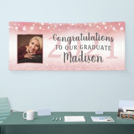 Graduation Rose Gold Pink Glitter Lights Photo Banner | Zazzle